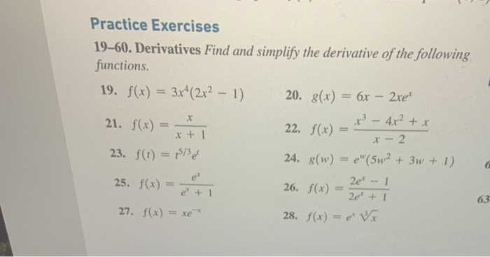 Solved Practice Exercises 19-60. Derivatives Find and | Chegg.com