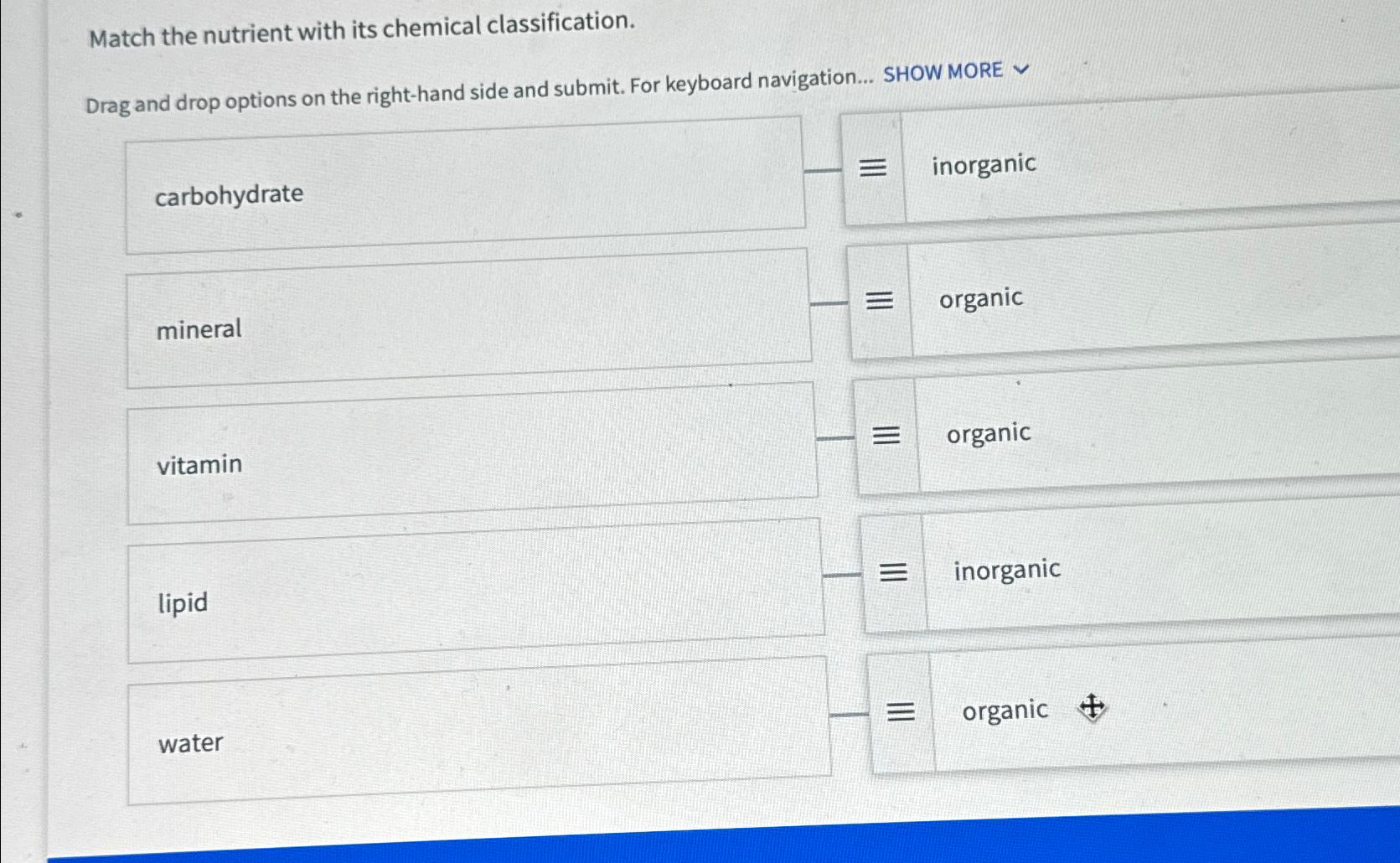 Solved Match the nutrient with its chemical | Chegg.com