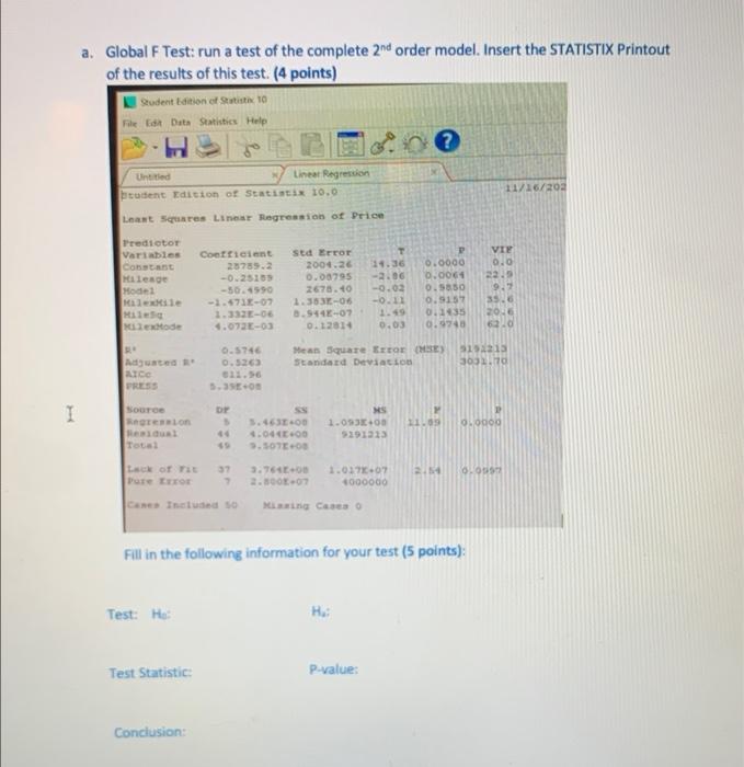 Solved a. Global F Test: run a test of the complete and | Chegg.com