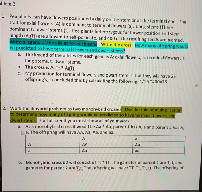 Solved oblem 2 1. Pea plants can have flowers positioned | Chegg.com