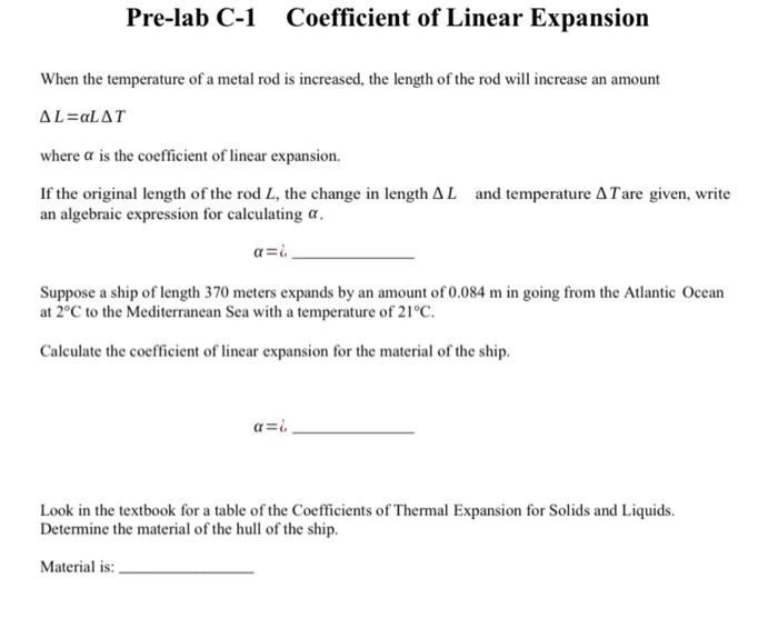 Solved Pre-lab C-1 Coefficient of Linear Expansion When the | Chegg.com
