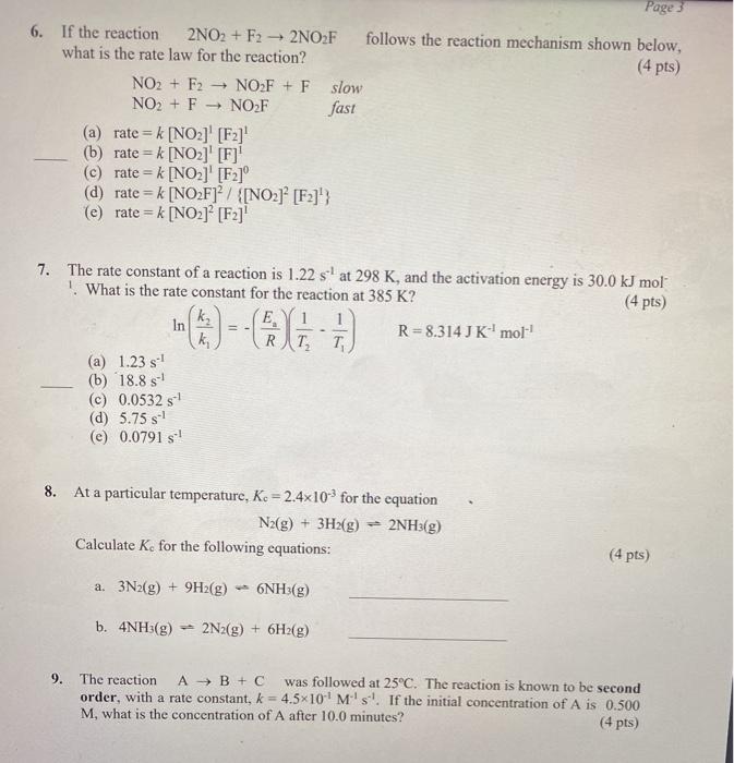 Solved Page 3 6. If the reaction 2NO2 + F2 -2NOF follows the | Chegg.com