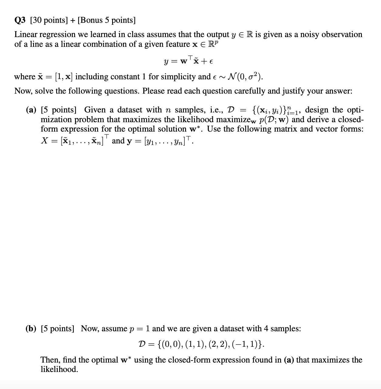 Solved Q3 ﻿ points] + [Bonus 5 ﻿points]Linear regression we | Chegg.com
