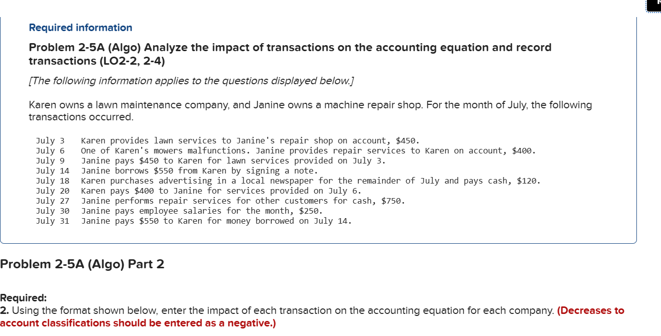 Solved Problem 2-5A (Algo) ﻿Part 2 ﻿Required: 2. ﻿Using the | Chegg.com