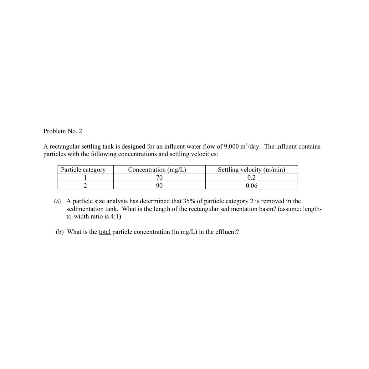 Solved Problem No. 2A rectangular settling tank is designed | Chegg.com