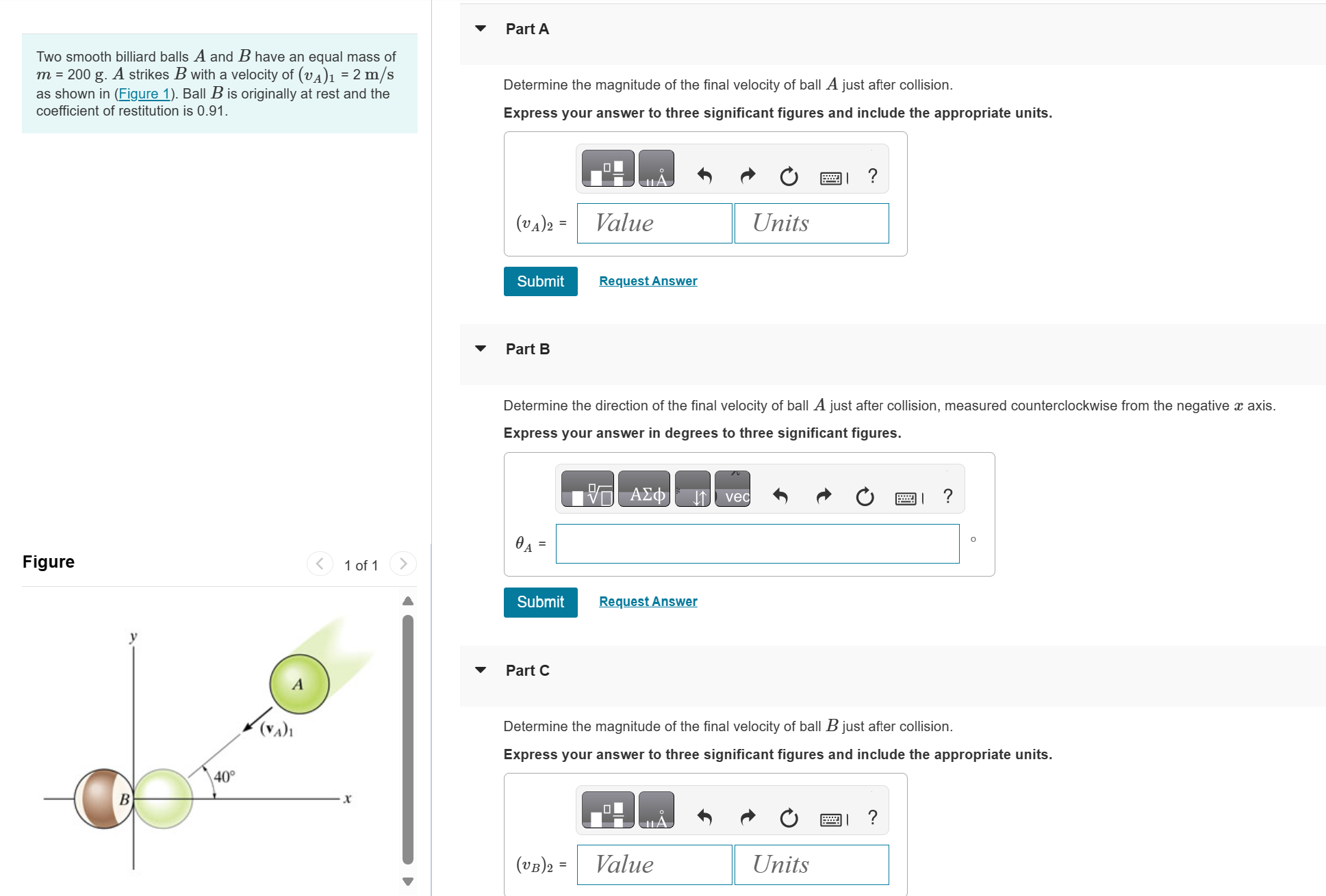 Solved Two smooth billiard balls A and B ﻿have an equal mass | Chegg.com