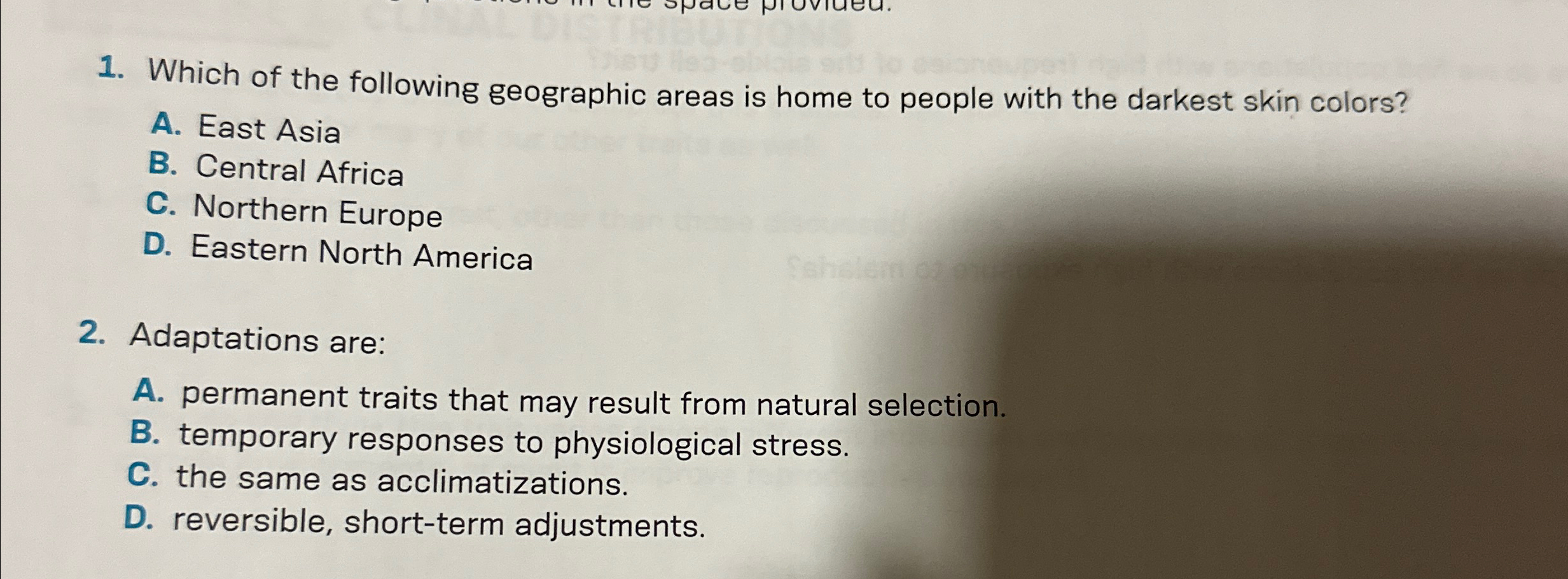 Solved Adaptations are:A. ﻿permanent traits that may result | Chegg.com