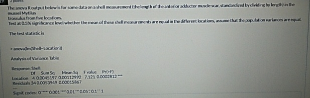Solved The anova R output below is for some data on a shell | Chegg.com