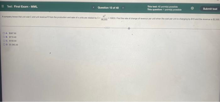 Solved = Test: Final Exam - MML Question 13 of 40 This test: | Chegg.com