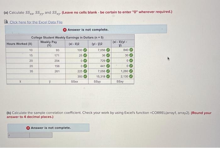 Solved (a) Calculate SSxx SSyy and SS xy (Leave no cells | Chegg.com