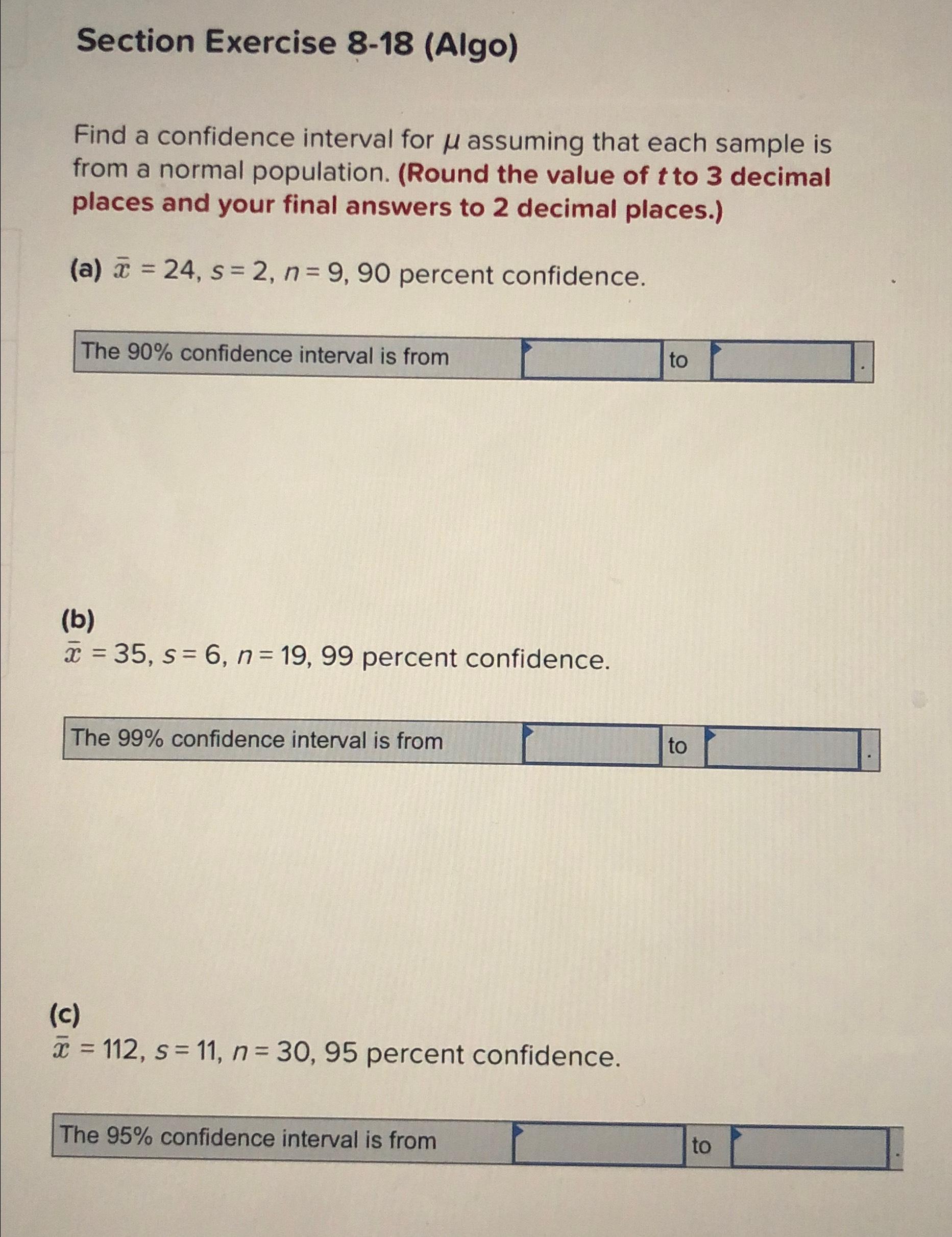 Solved Section Exercise 8-18 (Algo)Find a confidence | Chegg.com