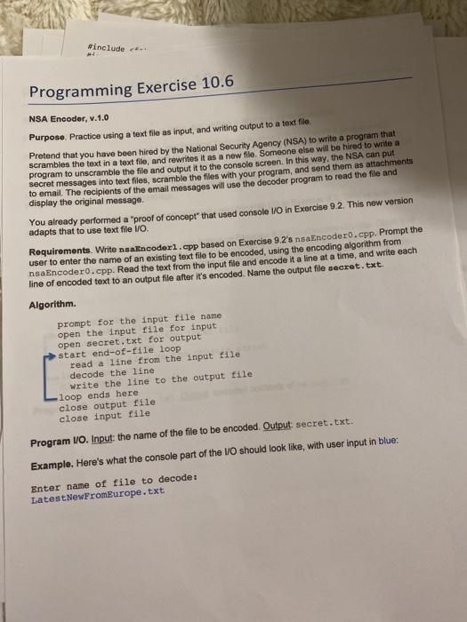 #include Programming Exercise 10.6 NSA Encoder, v.1.0 | Chegg.com