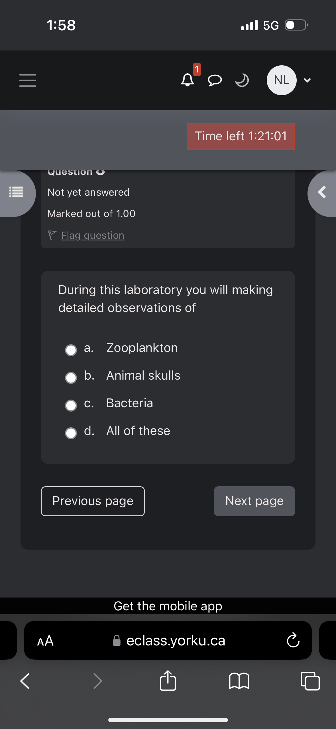 Solved 1:58oll 5 ﻿G ﻿JTime left 1:21:01Question 0Not yet | Chegg.com