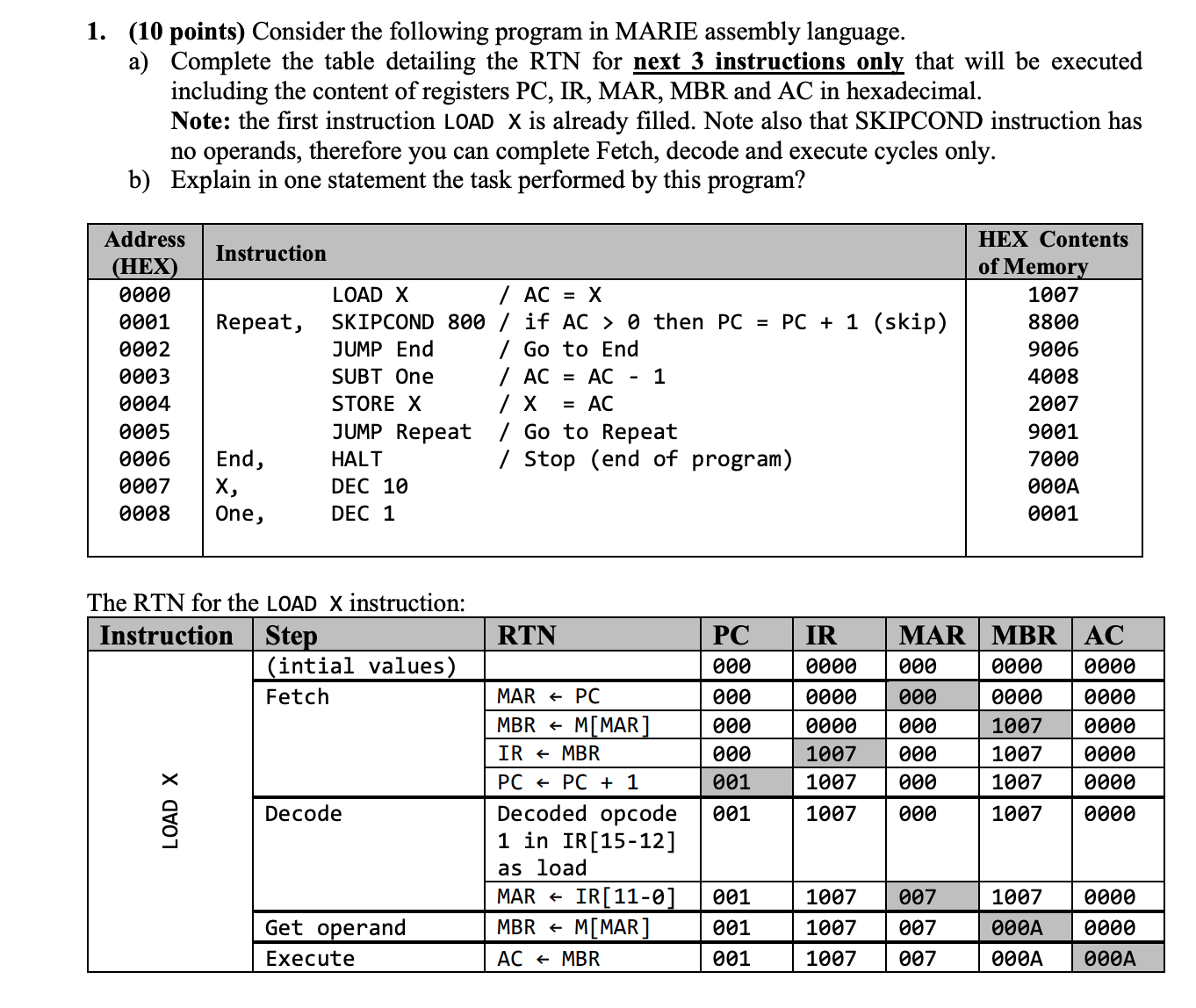 Solved (10 ﻿points) ﻿Consider the following program in MARIE | Chegg.com