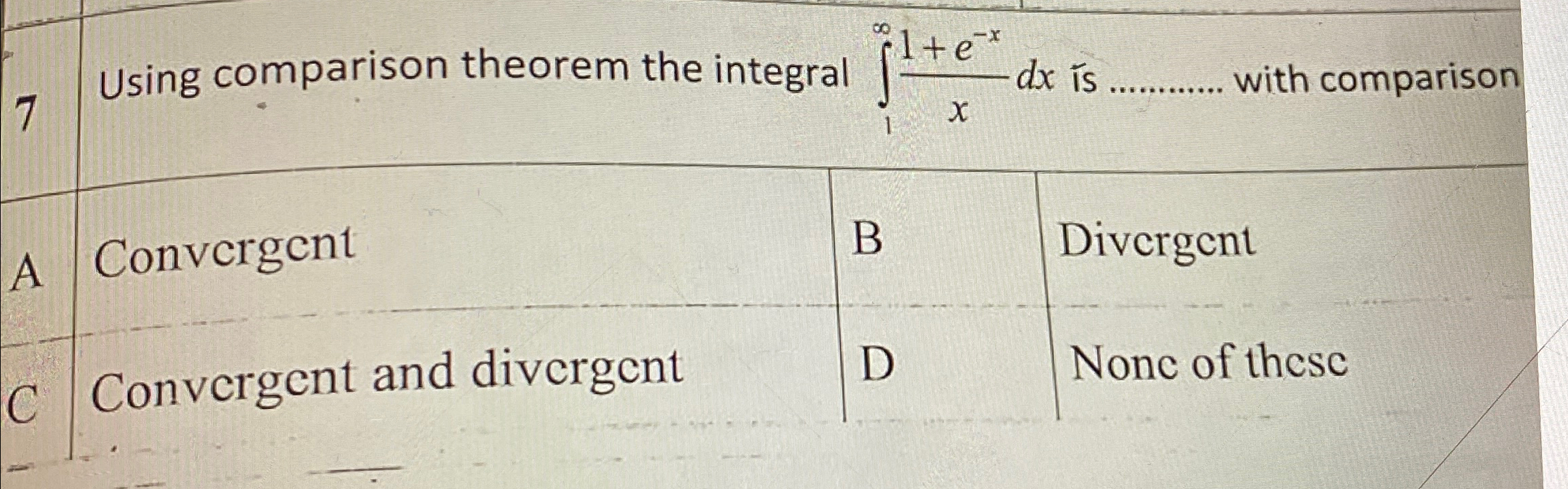 Solved Using comparison theorem the integral ∫1∞1+e-xxdx ﻿is | Chegg.com