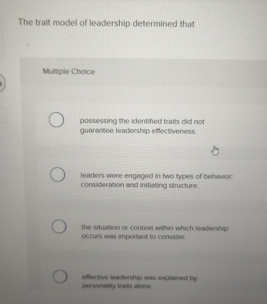 Solved The trait model of leadership determined thatMuitiple | Chegg.com