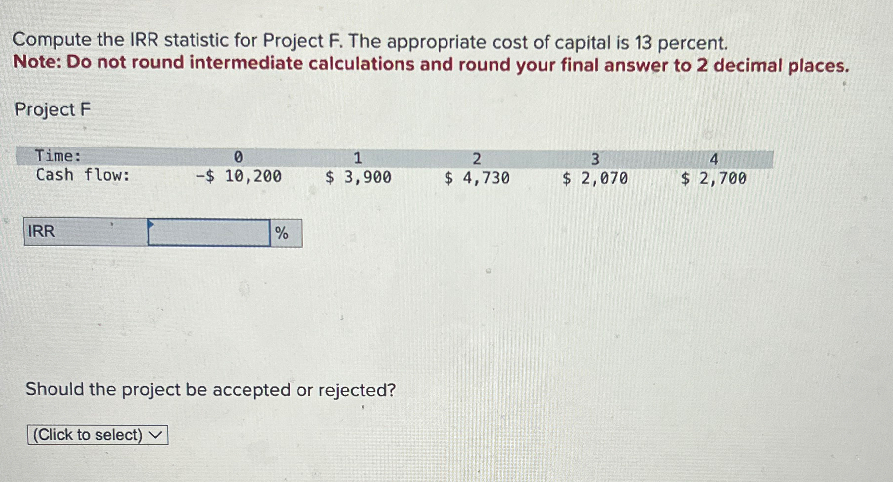Solved Compute the IRR statistic for Project F. ﻿The | Chegg.com