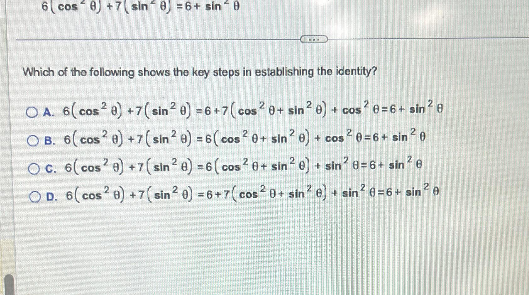 Solved 6(cos^(2)\\\\theta )+7(sin^(2)\\\\theta | Chegg.com