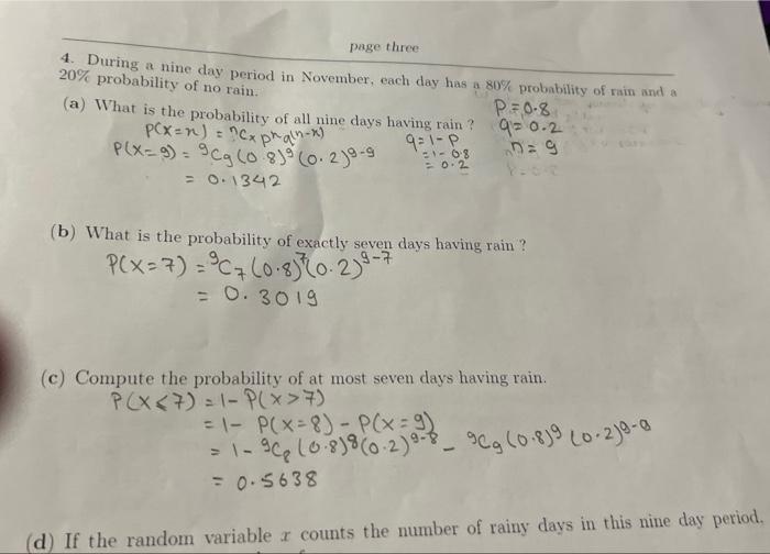 Solved 4. During a nine day period in November, each day has | Chegg.com