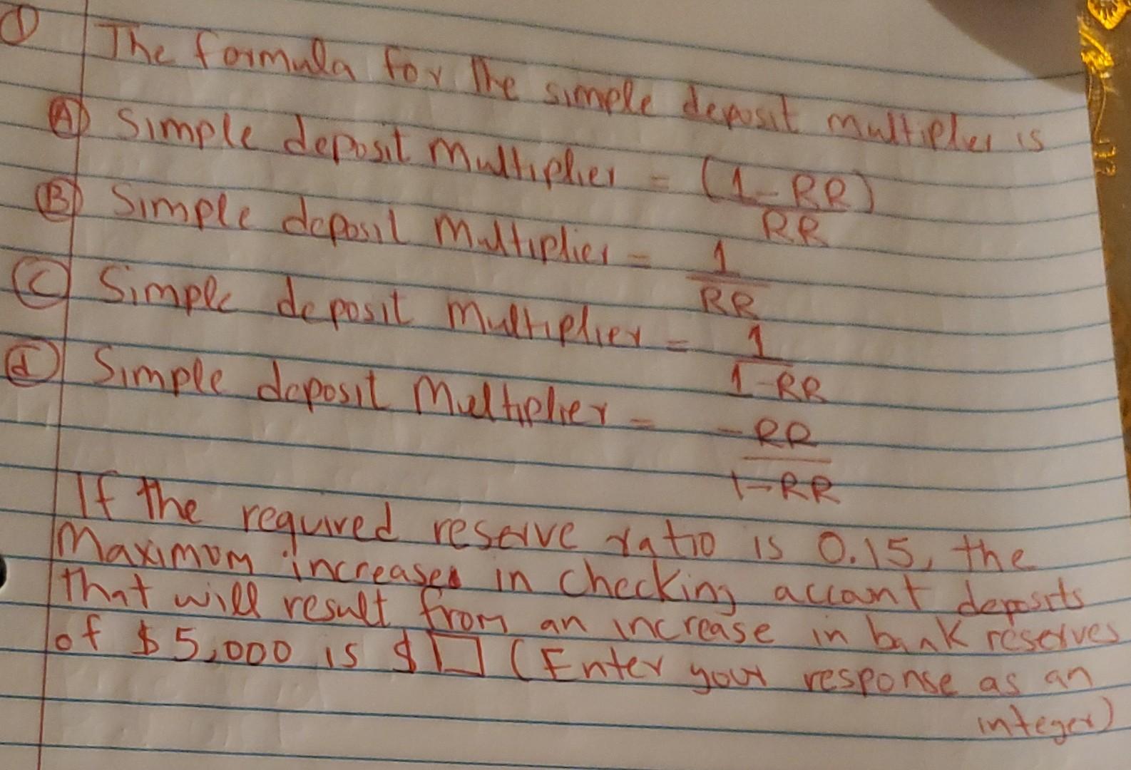 Solved IS ܐܓ܀ o The formula for the simple deposit multiples | Chegg.com