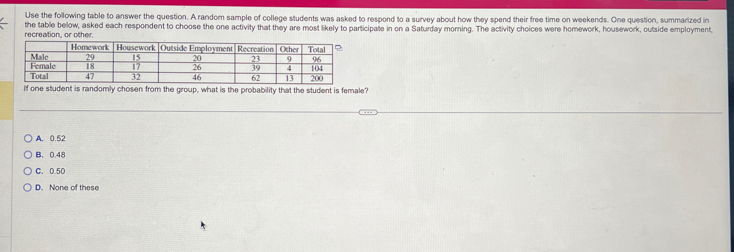 Solved Use the following table to answer the question. A | Chegg.com