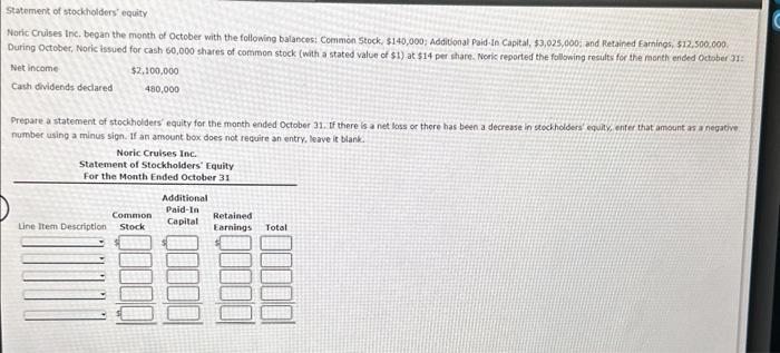 Solved statement of stockholders' equity Noric Cruises inc. | Chegg.com Solved statement of stockholders' equity Noric Cruises inc. | Chegg.com