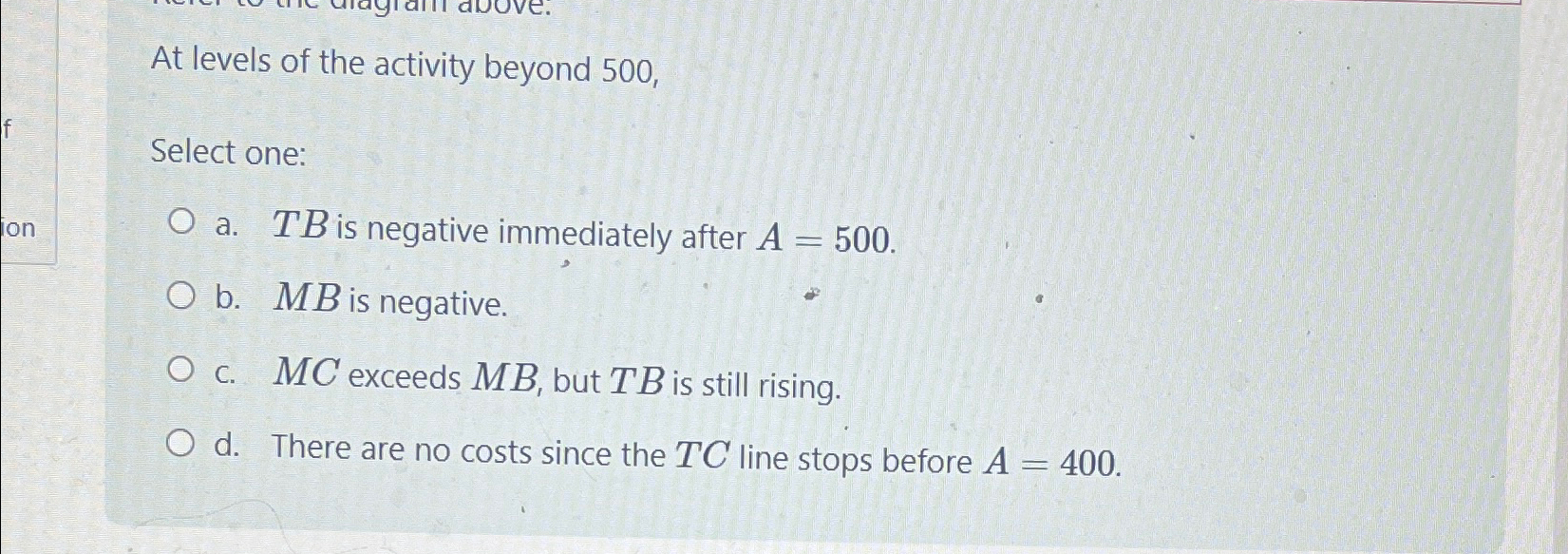 Solved At levels of the activity beyond 500,Select one:a. TB | Chegg.com
