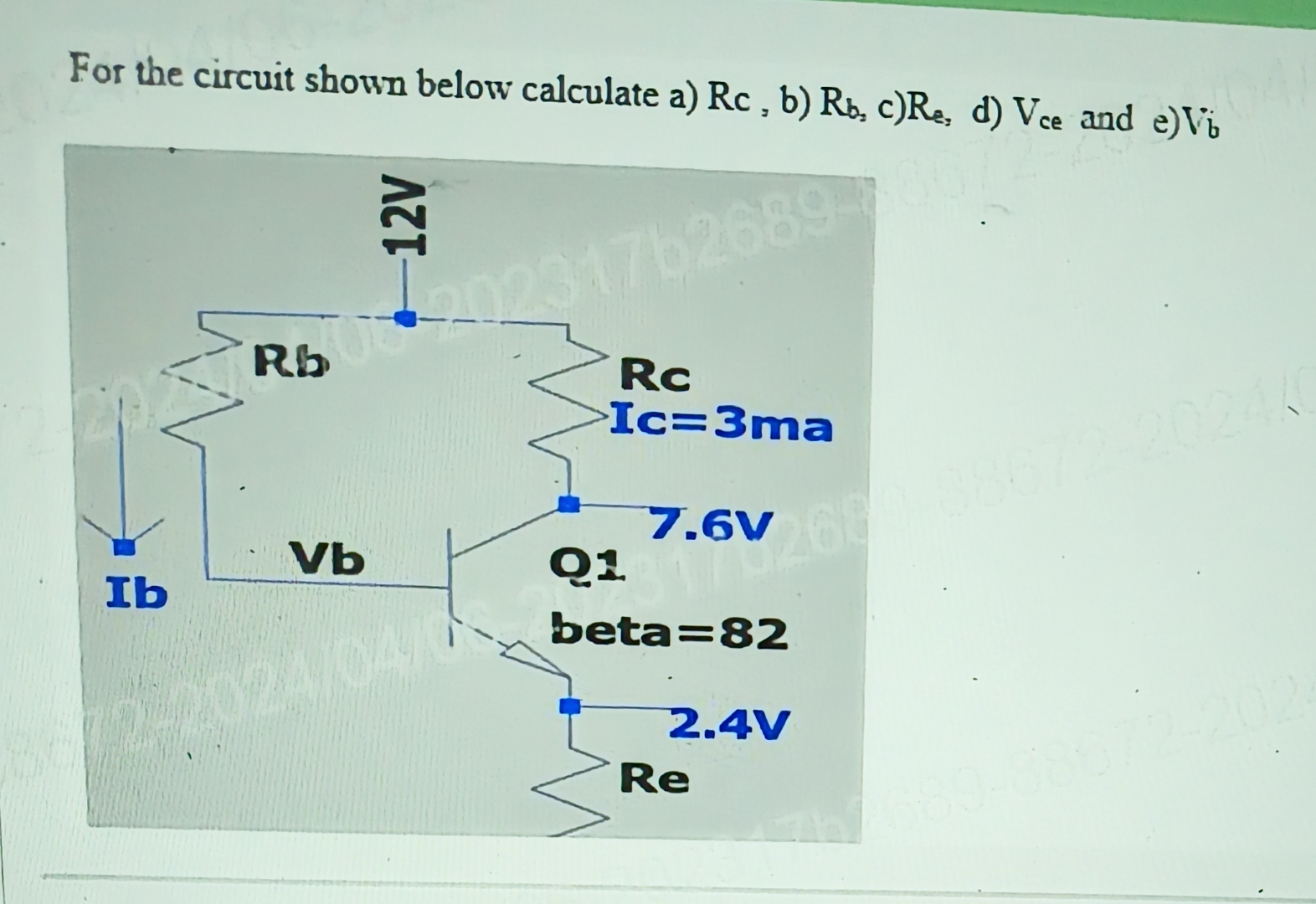 Solved For the circuit shown below calculate a) ﻿Rc,b) ﻿Rb, | Chegg.com