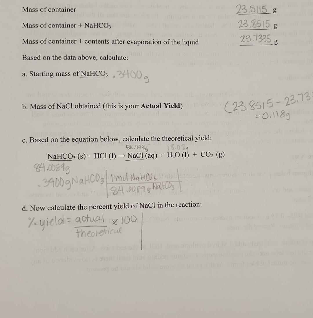 Solved d. Now calculate the percent yield of NaCl in the | Chegg.com