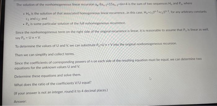 Solved The solution of the nonhomogeneous linear recursion | Chegg.com