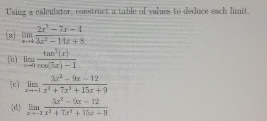 Solved - (a) lim Using a calculator, construct a table of | Chegg.com