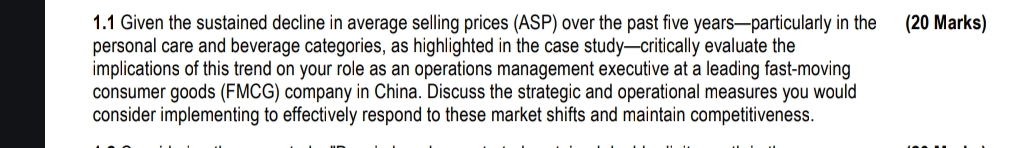 Solved 1.1 ﻿Given the sustained decline in average selling | Chegg.com