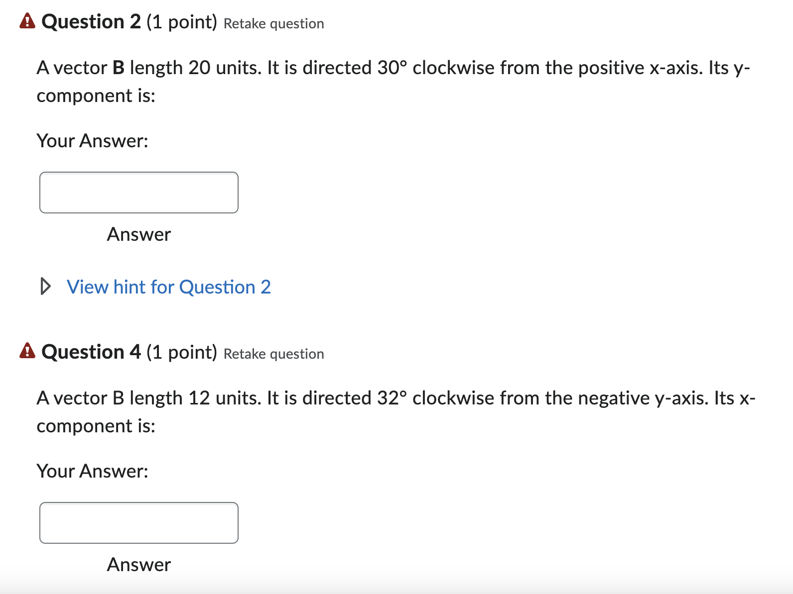 Solved Question 2 (1 point)Retake questionA vector B length | Chegg.com Solved Question 2 (1 point)Retake questionA vector B length | Chegg.com