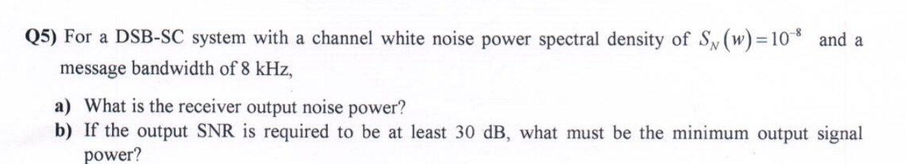 Solved Q5) ﻿For a DSB-SC system with a channel white noise | Chegg.com