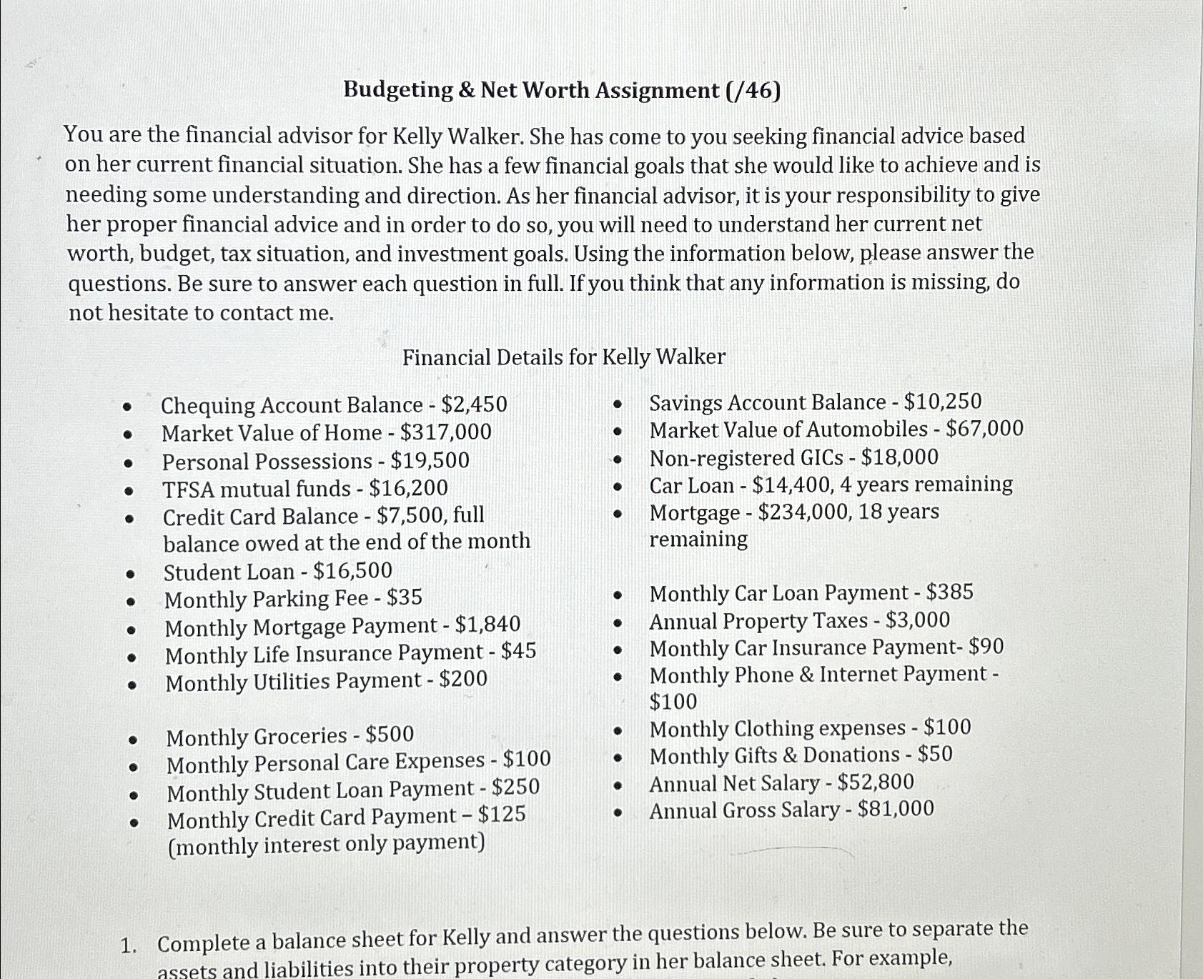 Solved Budgeting & Net Worth Assignment (/46)You are the | Chegg.com