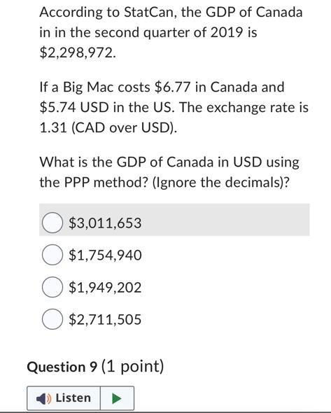 Solved According to StatCan, the GDP of Canada in in the | Chegg.com