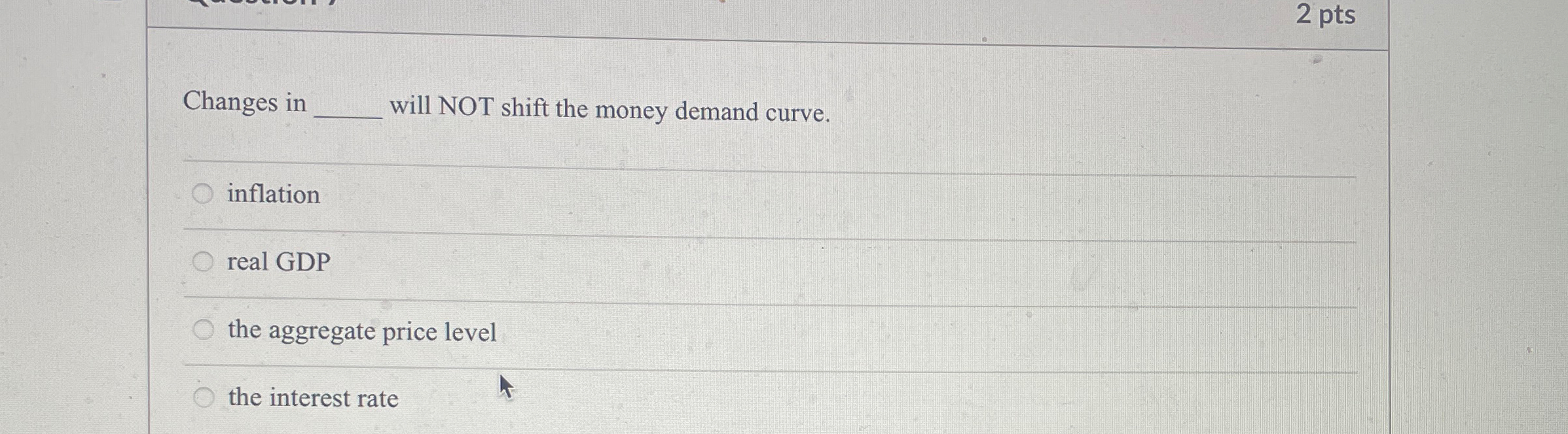 Solved 2 ﻿ptsChanges in ﻿will NOT shift the money demand | Chegg.com