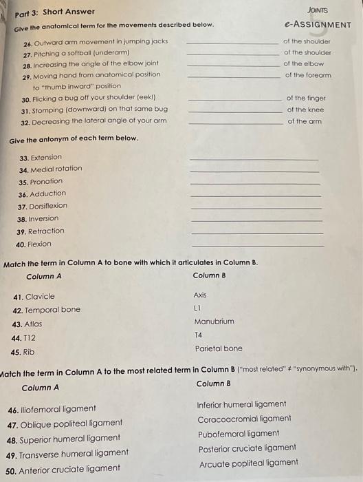Solved Part 3: Short Answer JONIS Glve the anatomical term | Chegg.com