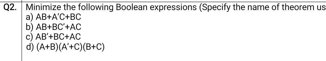 Solved 2. Minimize the following Boolean expressions | Chegg.com