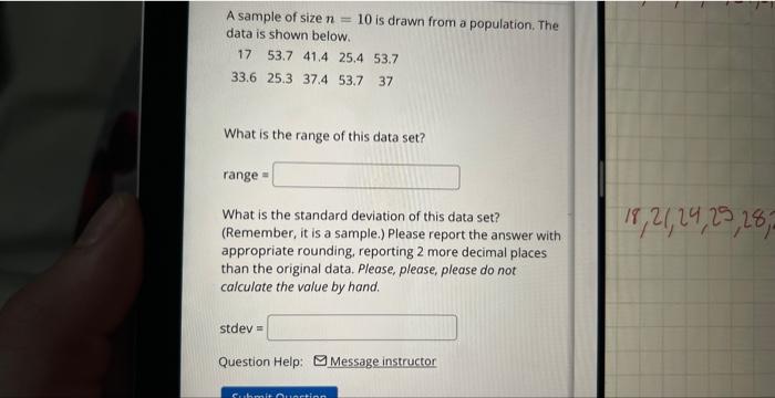 Solved A sample of size n=10 is drawn from a population. The | Chegg.com
