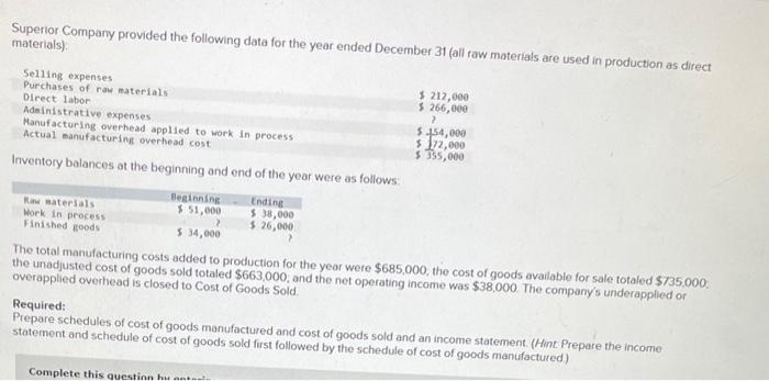 Solved Superior Company provided the following data for the | Chegg.com