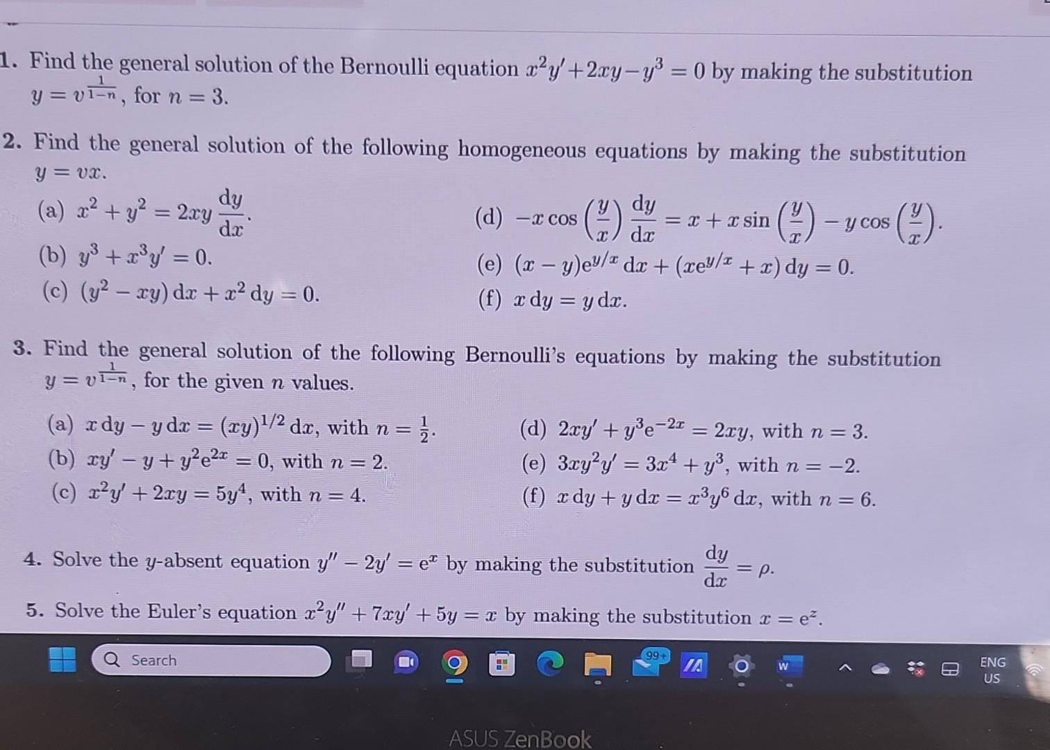 Solved Find The General Solution Of The Bernoulli Equation