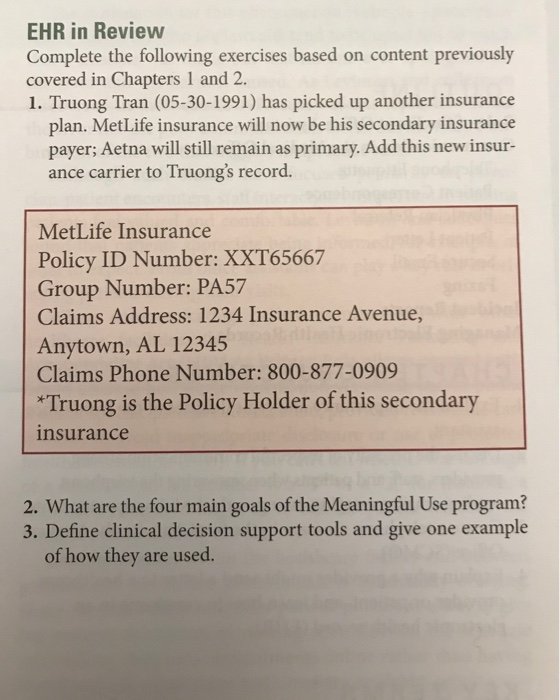 Solved EHR in Review Complete the following exercises based | Chegg.com