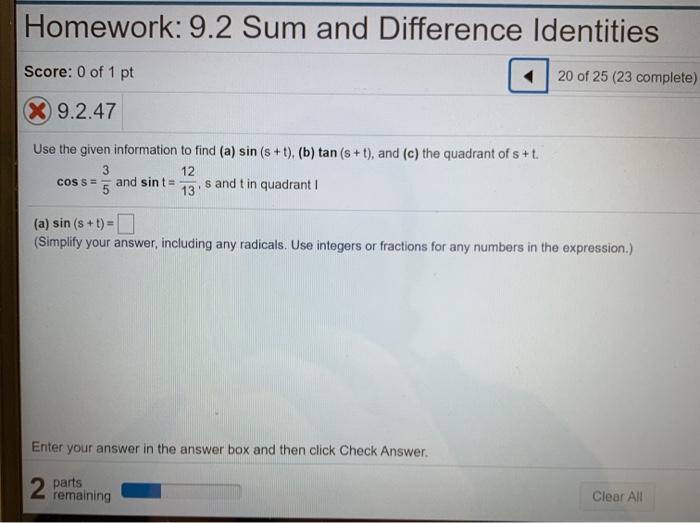 Solved Homework: 9.2 Sum and Difference Identities Score: 0 | Chegg.com