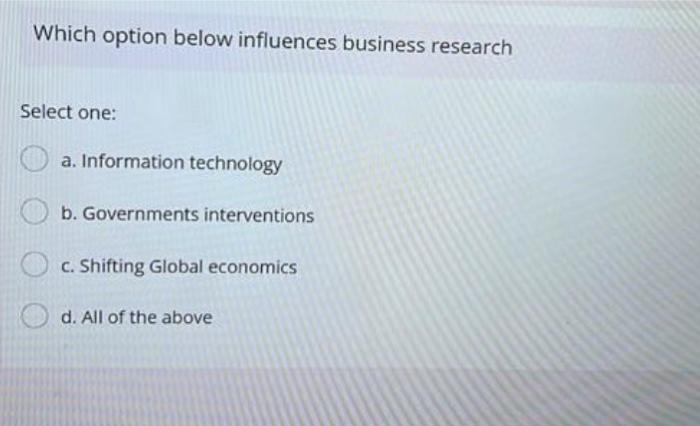 Solved Which option below influences business research | Chegg.com