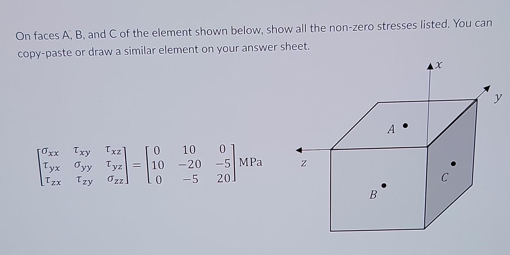 Solved On faces A,B, and C of the element shown below, show | Chegg.com