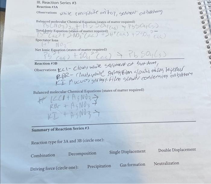 Solved III. Reaction Series #3 Reaction #3A Observations | Chegg.com