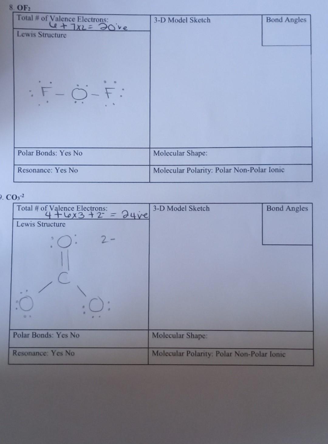 Solved 2. COCl2 3-D Model Sketch Bond Angles Total # of | Chegg.com