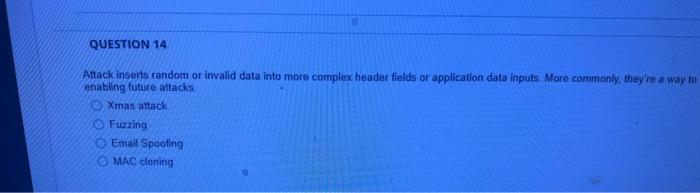 Solved QUESTION 14 Attack inserts random or invalid data | Chegg.com
