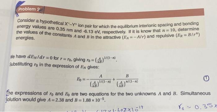 Solved Consider a hypothetical X−Y+ion pair for which the | Chegg.com